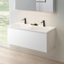 rivea Dia Unterschrank B: 121 cm mit 1 Auszug, Doppelwaschtisch mit 2 Hahnl&ouml;chern wei&szlig; matt,, BR0039WM+BR0052WM,