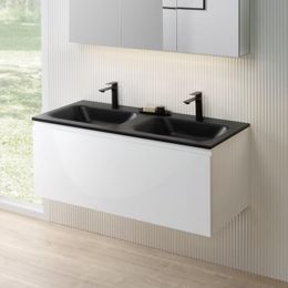 rivea Dia Unterschrank B: 121 cm mit 1 Auszug, Doppelwaschtisch mit 2 Hahnl&ouml;chern schwarz matt,, BR0039WH+BR0052BM,