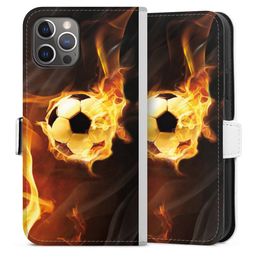 DeinDesign iPhone 12 Pro Handy Klapph&uuml;lle Handyh&uuml;lle aus Kunst Leder wei&szlig; Flip Case Soccer Ball Fire Sideflip mit Lasche