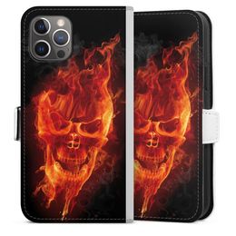 DeinDesign iPhone 12 Pro Handy Klapph&uuml;lle Handyh&uuml;lle aus Kunst Leder wei&szlig; Flip Case Fire Skull Totenkopf Sideflip mit Lasche