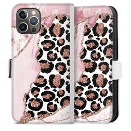 DeinDesign iPhone 12 Pro Handy Klapph&uuml;lle Handyh&uuml;lle aus Kunst Leder wei&szlig; Flip Case Leopard Glitzer Marble Sideflip mit Lasche