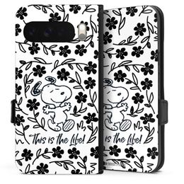DeinDesign Google Pixel 10 Pro XL Handy Klapph&uuml;lle Handyh&uuml;lle aus Kunst Leder schwarz Flip Case Peanuts Flowers Snoopy Sideflip mit Lasche
