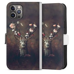 DeinDesign iPhone 12 Pro Handy Klapph&uuml;lle Handyh&uuml;lle aus Kunst Leder wei&szlig; Flip Case Reindeer Flowers Rehe Sideflip mit Lasche