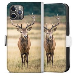 DeinDesign iPhone 12 Pro Handy Klapph&uuml;lle Handyh&uuml;lle aus Kunst Leder wei&szlig; Flip Case Forrest Deer Meadow Sideflip mit Lasche
