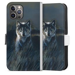 DeinDesign iPhone 12 Pro Handy Klapph&uuml;lle Handyh&uuml;lle aus Kunst Leder wei&szlig; Flip Case Wolf Painting Nature Sideflip mit Lasche