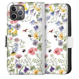 DeinDesign iPhone 12 Pro Handy Klapph&uuml;lle Handyh&uuml;lle aus Kunst Leder wei&szlig; Flip Case Flowers Bee Muster Sideflip mit Lasche