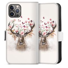 DeinDesign iPhone 12 Pro Handy Klapph&uuml;lle Handyh&uuml;lle aus Kunst Leder wei&szlig; Flip Case Deer Flowers Animals Sideflip mit Lasche