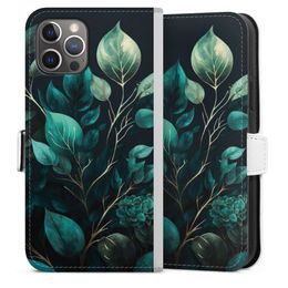 DeinDesign iPhone 12 Pro Handy Klapph&uuml;lle Handyh&uuml;lle aus Kunst Leder wei&szlig; Flip Case Eukalyptus Leaves Black Sideflip mit Lasche