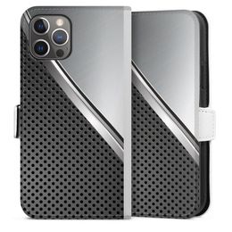 DeinDesign iPhone 12 Pro Handy Klapph&uuml;lle Handyh&uuml;lle aus Kunst Leder wei&szlig; Flip Case Steel Metall Carbon Sideflip mit Lasche