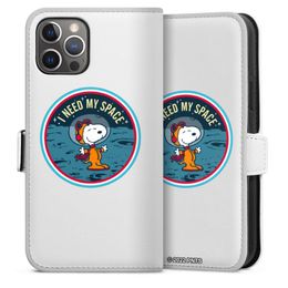DeinDesign iPhone 12 Pro Handy Klapph&uuml;lle Handyh&uuml;lle aus Kunst Leder wei&szlig; Flip Case Peanuts Weltall Snoopy Sideflip mit Lasche