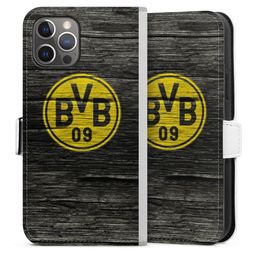DeinDesign iPhone 12 Pro Handy Klapph&uuml;lle Handyh&uuml;lle aus Kunst Leder wei&szlig; Flip Case Wooden Look Bvb Borussia Dortmund Sideflip mit Lasche