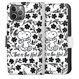 DeinDesign iPhone 12 Pro Handy Klapph&uuml;lle Handyh&uuml;lle aus Kunst Leder wei&szlig; Flip Case Peanuts Flowers Snoopy Sideflip mit Lasche