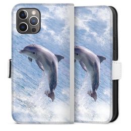 DeinDesign iPhone 12 Pro Handy Klapph&uuml;lle Handyh&uuml;lle aus Kunst Leder wei&szlig; Flip Case Wale Ocean Dolphin Sideflip mit Lasche
