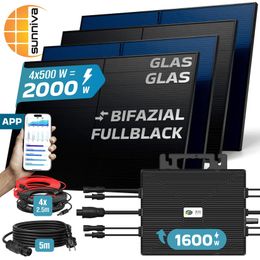 SUNNIVA&reg; 2000W Balkonkraftwerk BIFAZIAL FULLBLACK komplett Steckdose ASTRO-E 1600 Watt Wechselrichter,Solaranlage Komplettset, 4x500W N-Type Glas Bifacial Solarmodule, 5m Kabel, 4x2.5m Solarkabel