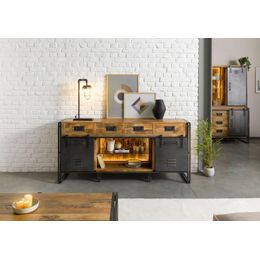 Sideboard Mango / Altholz 195x45x90 natur / grau lackiert / Metall grau BLACKBURN LUX #409