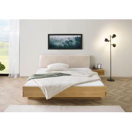 Bett mit Nachttisch Fichte 200x200x85 natur gebeizt / ge&ouml;lt, Kopfteil beige FICHTELBERG #144
