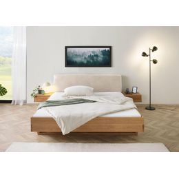 Bett mit Nachttischen Eiche 200x200x85 natur ge&ouml;lt, Kopfteil beige FICHTELBERG #136