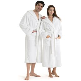 Unisex-Bademantel "Lovina gestreift, ideal f&uuml;r Sauna & Spa, Hotelbademantel, Morgenmantel" Gr. XS, wei&szlig;, XS, Microfaser, LeGer Home by Lena Gercke, Hausm&auml;ntel, kuschelig weicher Fleece, pl&uuml;sch, f&uuml;r Damen und Herren, XS-3XL