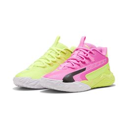 Basketballschuh Puma "Dagger 2 Mid Basketballschuhe Jugendliche", Kinder, Gr. 35,5, lime squeeze bright aqua schwarz gelb blau, Obermaterial: Synthetik, Textil; Futter: Textil; Innensohle: Textil; Laufsohle: Gummi, Synthetik, Schuhe