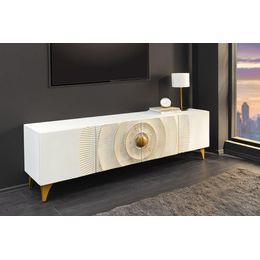 Riess Ambiente Massives TV-Lowboard GOLDEN SUNSET 180cm wei&szlig; gold Mangoholz 3D Schnitzereien Metallf&uuml;&szlig;e Riess-Ambiente Asiatisch Glamour Industrie & Loft