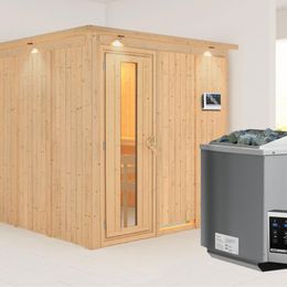 Karibu Sauna Rodin, 9 kW ext. Steuerung Easy Bio, Holzt&uuml;r mit Isolierglas,Klarglas,mit Dachkranz