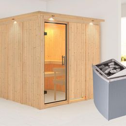 Karibu Sauna Rodin, 9 kW int. Steuerung, Ganzglast&uuml;r,Klarglas,mit Dachkranz