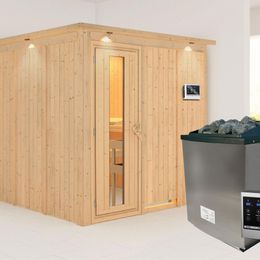 Karibu Sauna Rodin, 9 kW ext. Steuerung Easy Finnisch, Holzt&uuml;r mit Isolierglas,Klarglas,mit Dachkranz