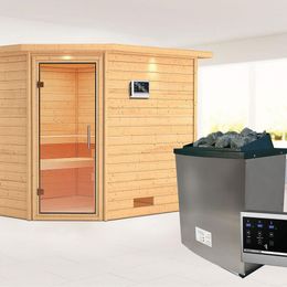 Karibu Woodfeeling Sauna Leona, 9 kW ext. Steuerung Easy Finnisch, Ganzglast&uuml;r,Klarglas,mit Dachkranz