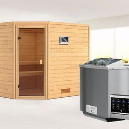 Karibu Woodfeeling Sauna Leona, 9 kW ext. Steuerung Easy Bio, bronziert,Ganzglast&uuml;r,ohne Dachkranz