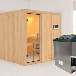Karibu Sauna Rodin, 9 kW ext. Steuerung Easy Finnisch, Ganzglast&uuml;r,Klarglas,ohne Dachkranz