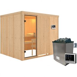 Karibu Sauna Gobin, 9 kW ext. Steuerung Easy Finnisch, Ganzglast&uuml;r,Klarglas,ohne Dachkranz