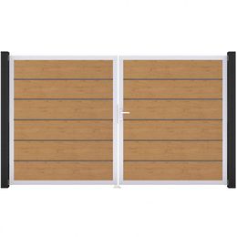 GroJa Doppeltor BasicLine Premium PVC-Steckzaun Asteiche Natur , DIN Rechts, Silber EV1