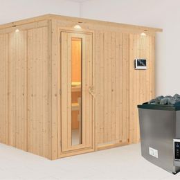 Karibu Sauna Gobin, 9 kW ext. Steuerung Easy Finnisch, Holzt&uuml;r mit Isolierglas,Klarglas,mit Dachkranz