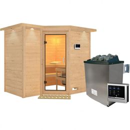 Karibu Sauna Sahib 2, 9 kW ext. Steuerung Easy Finnisch, Ganzglast&uuml;r,Klarglas,mit Dachkranz