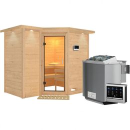 Karibu Sauna Sahib 2, 9 kW ext. Steuerung Easy Bio, Ganzglast&uuml;r,Klarglas,mit Dachkranz