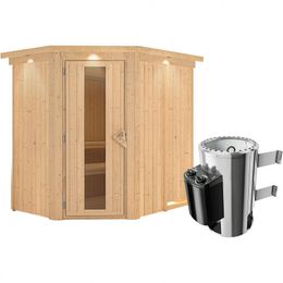 Karibu Sauna Saja, 3,6 kW Ofen, Plug&Play int. Steuerung, Holzt&uuml;r mit Isolierglas,Klarglas,mit Dachkranz