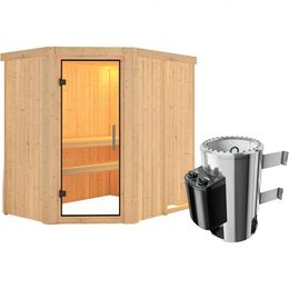 Karibu Sauna Saja, 3,6 kW Ofen, Plug&Play int. Steuerung, Ganzglast&uuml;r,Klarglas,ohne Dachkranz