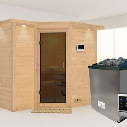 Karibu Sauna Sahib 2, 9 kW ext. Steuerung Easy Finnisch, Ganzglast&uuml;r,graphit,mit Dachkranz