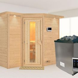 Karibu Sauna Sahib 2, 9 kW ext. Steuerung Easy Finnisch, Holzt&uuml;r mit Isolierglas,Klarglas,mit Dachkranz
