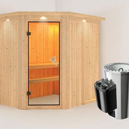 Karibu Sauna Saja, 3,6 kW Ofen, Plug&Play int. Steuerung, bronziert,Ganzglast&uuml;r,mit Dachkranz