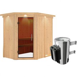 Karibu Sauna Saja, 3,6 kW Ofen, Plug&Play int. Steuerung, Ganzglast&uuml;r,graphit,mit Dachkranz