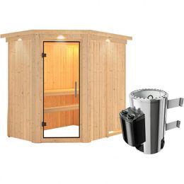 Karibu Sauna Saja, 3,6 kW Ofen, Plug&Play int. Steuerung, Ganzglast&uuml;r,Klarglas,mit Dachkranz