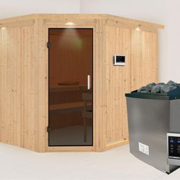 Karibu Sauna Malin, 9 kW ext. Steuerung Easy Finnisch, Ganzglast&uuml;r,graphit,mit Dachkranz
