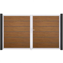 GroJa Doppeltor BasicLine Premium PVC-Steckzaun Golden Oak , DIN Rechts, Silber EV1