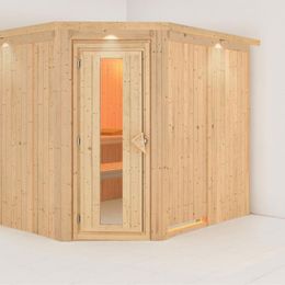 Karibu Sauna Malin, ohne Ofen, Holzt&uuml;r mit Isolierglas,Klarglas,mit Dachkranz