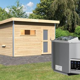 Karibu Saunahaus Skrollan 2 Naturbelassen, 9 kW ext. Steuerung Easy Bio, Milchglas