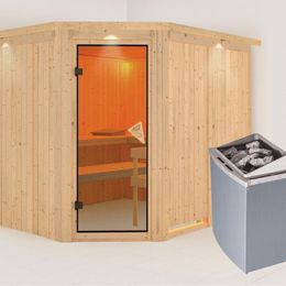 Karibu Sauna Malin, 9 kW int. Steuerung, bronziert,Ganzglast&uuml;r,mit Dachkranz