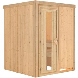 Karibu Sauna Minja, ohne Ofen, Holzt&uuml;r mit Isolierglas,Klarglas,ohne Dachkranz