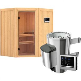 Karibu Sauna Tonja, Easy Finnisch 3,6 kW Ofen, Ganzglast&uuml;r,Klarglas,ohne Dachkranz