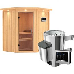 Karibu Sauna Tonja, Easy Finnisch 3,6 kW Ofen, Ganzglast&uuml;r,Klarglas,mit Dachkranz